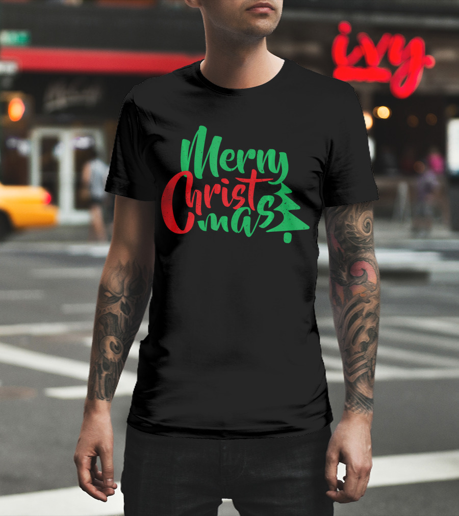 Merry Christmas Tree Design In Festive Red And Green T-Shirt