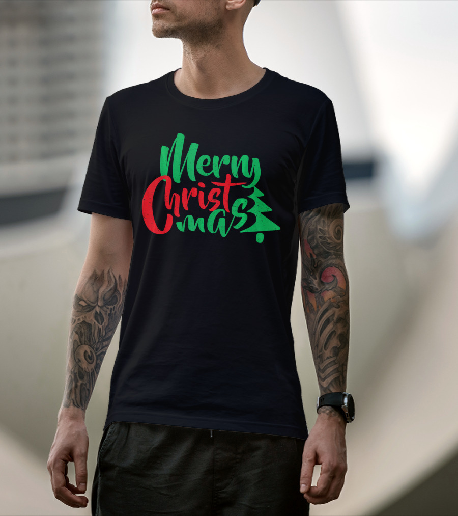 Merry Christmas Tree Design In Festive Red And Green T-Shirt
