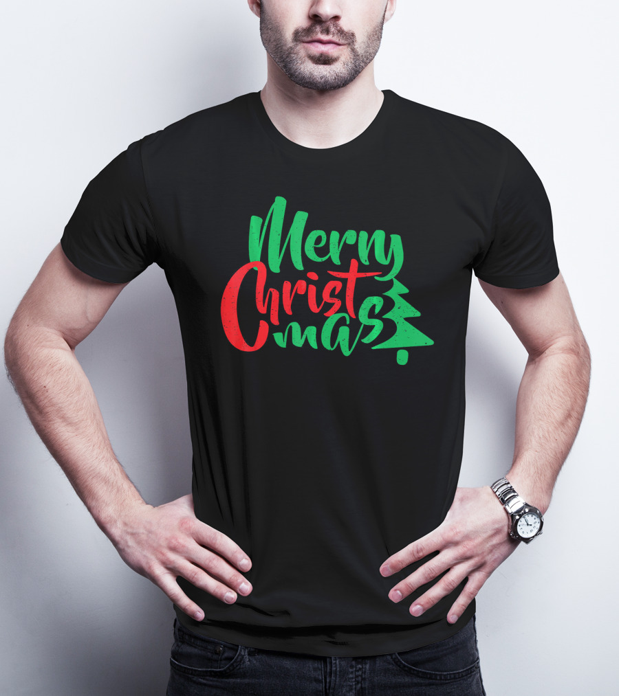 Merry Christmas Tree Design In Festive Red And Green T-Shirt