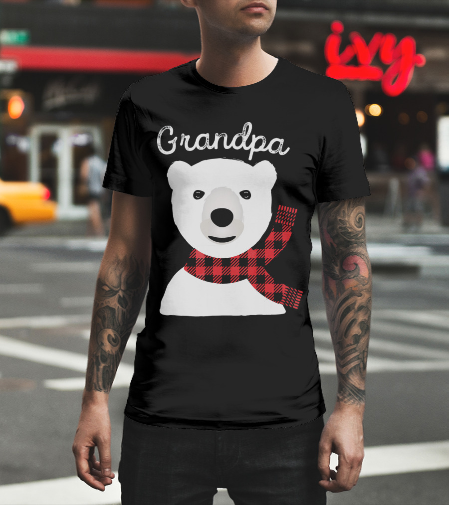 Grandpa Christmas Bear With Red Plaid Scarf Family Matching T-Shirt