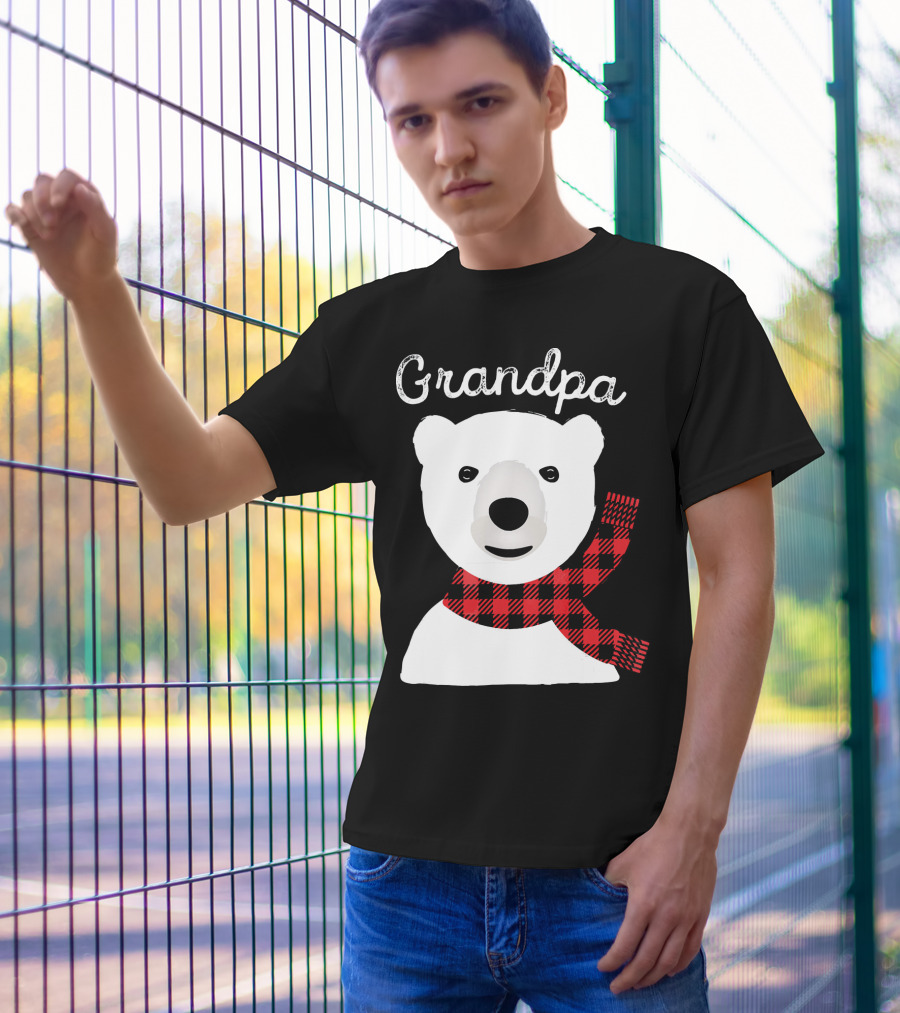 Grandpa Christmas Bear With Red Plaid Scarf Family Matching T-Shirt