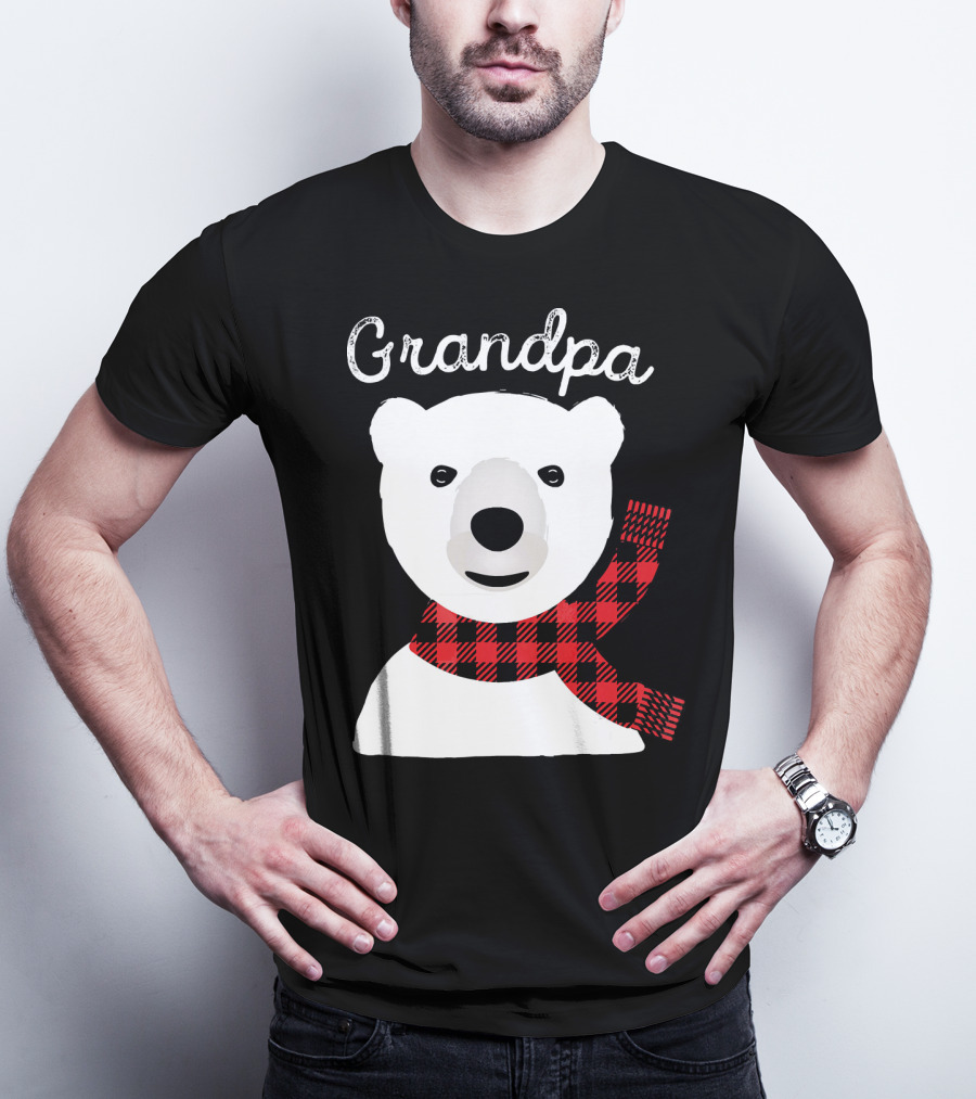 Grandpa Christmas Bear With Red Plaid Scarf Family Matching T-Shirt