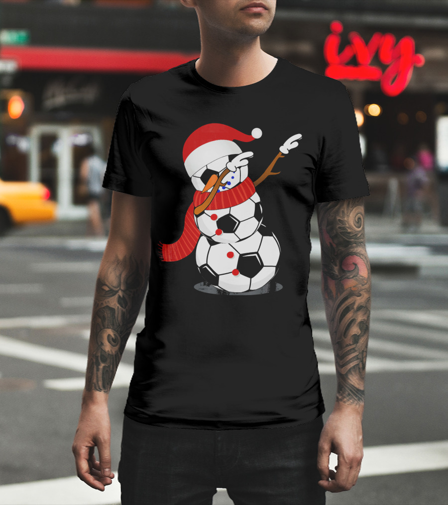 Festive Soccer Ball Dabbing Snowman With Santa Hat And Scarf T-Shirt