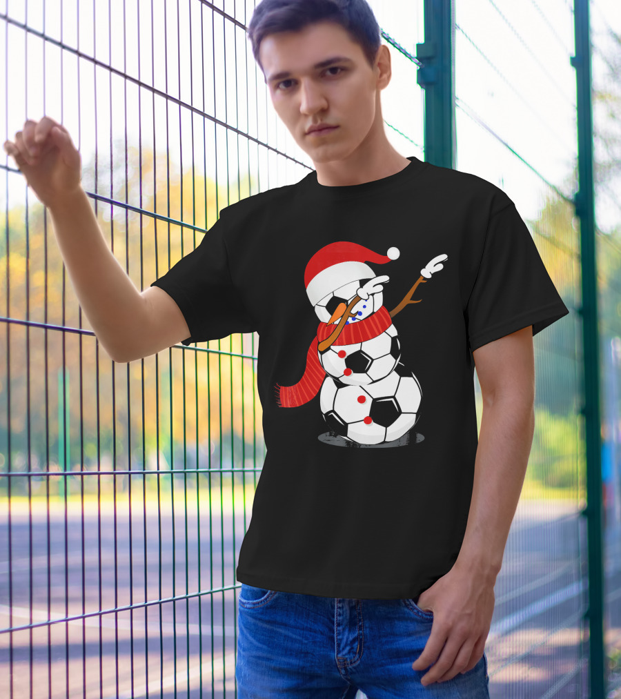 Festive Soccer Ball Dabbing Snowman With Santa Hat And Scarf T-Shirt