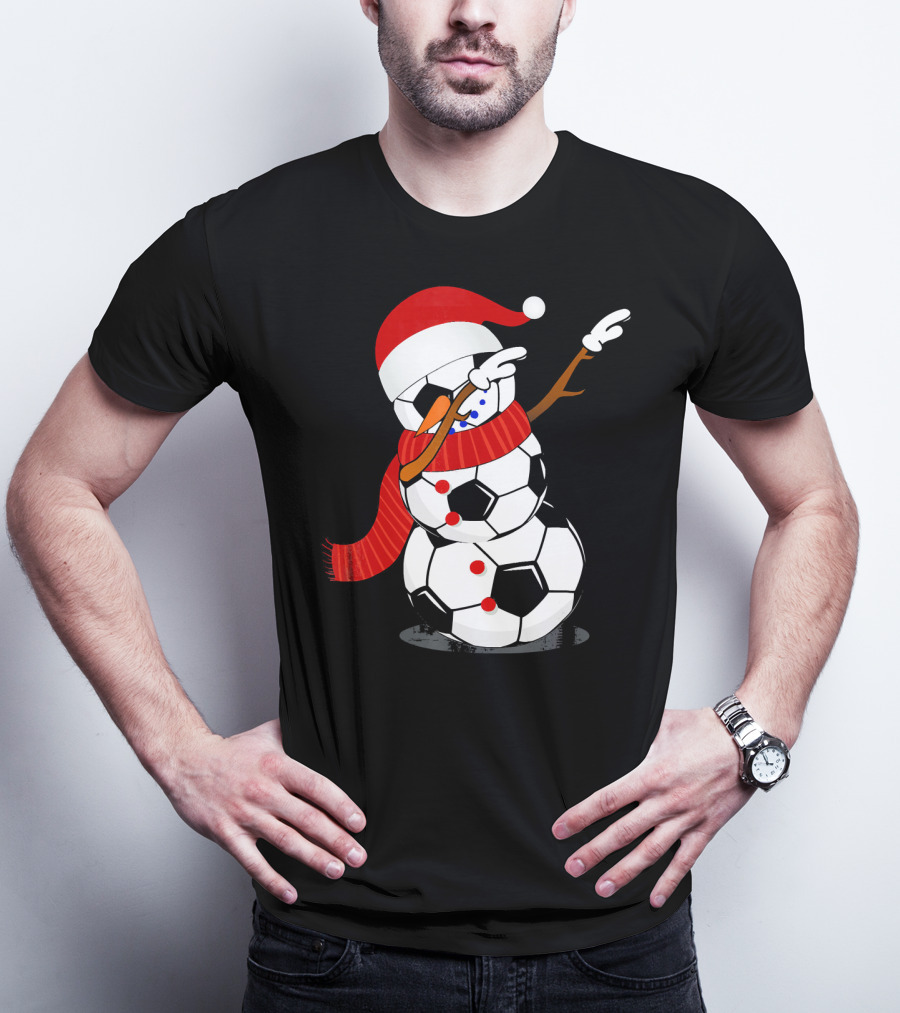 Festive Soccer Ball Dabbing Snowman With Santa Hat And Scarf T-Shirt