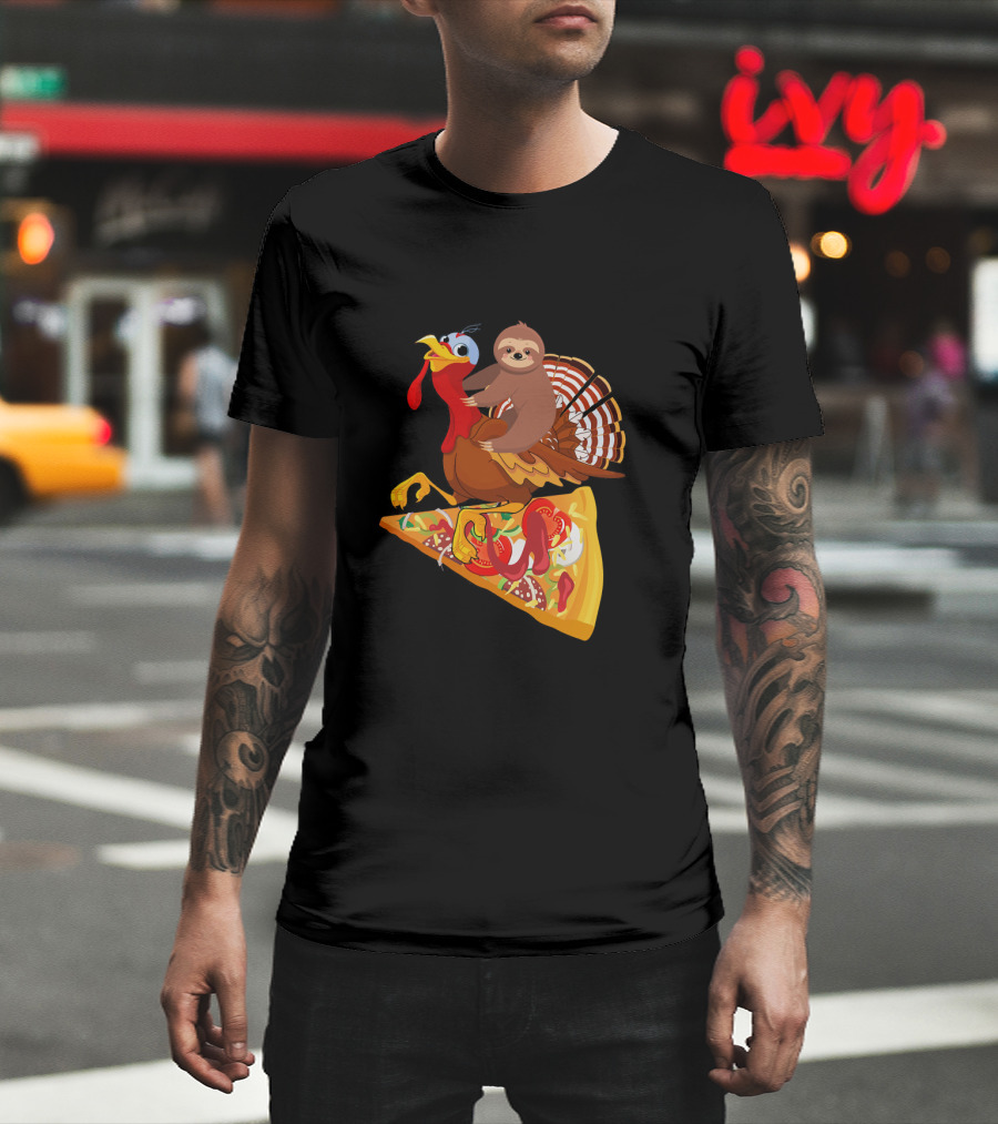 Sloth Riding Turkey On Pizza Slice Surreal Fun T-Shirt