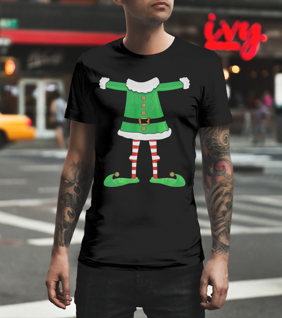 Santa Elf Suit Green Costume With Red Striped Tights And Green Shoes T-Shirt