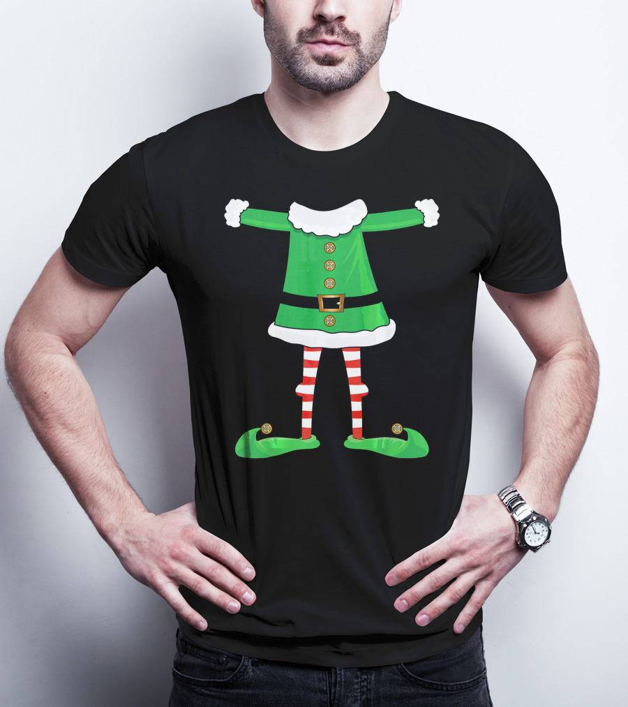 Santa Elf Suit Green Costume With Red Striped Tights And Green Shoes T-Shirt
