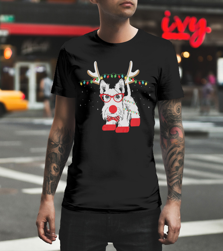 Scottie Dog Christmas Reindeer Lights And Bow Tie T-Shirt