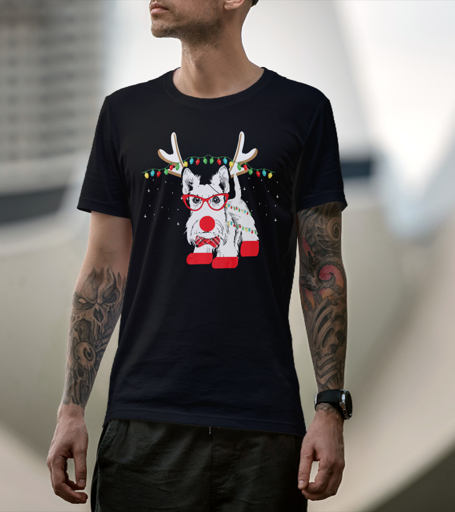 Scottie Dog Christmas Reindeer Lights And Bow Tie T-Shirt