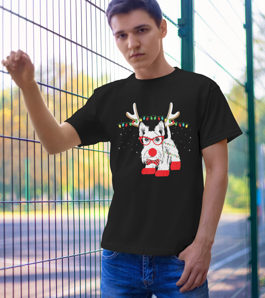 Scottie Dog Christmas Reindeer Lights And Bow Tie T-Shirt