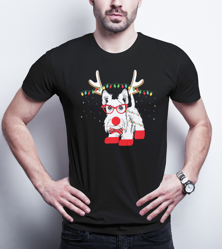 Scottie Dog Christmas Reindeer Lights And Bow Tie T-Shirt