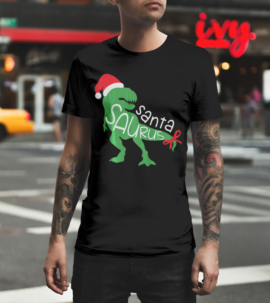 T Rex Dinosaur Santa Saurus Merry Funny Christmas Hat T-Shirt