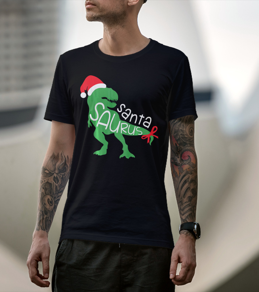 T Rex Dinosaur Santa Saurus Merry Funny Christmas Hat T-Shirt