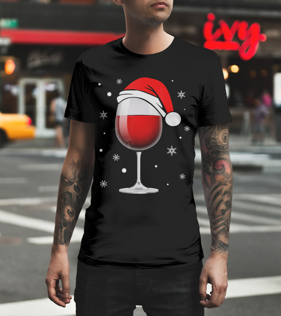 Santa Hat Wine Glass Funny Christmas Holid Snowflakes T-Shirt