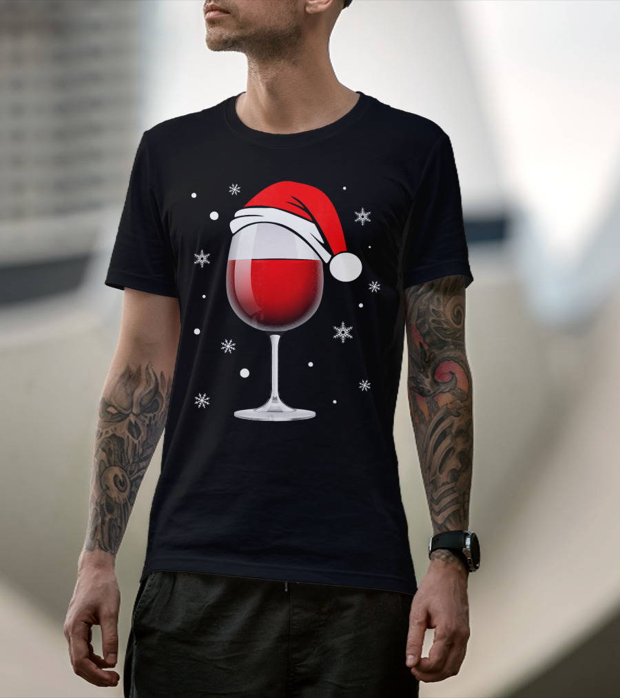 Santa Hat Wine Glass Funny Christmas Holid Snowflakes T-Shirt