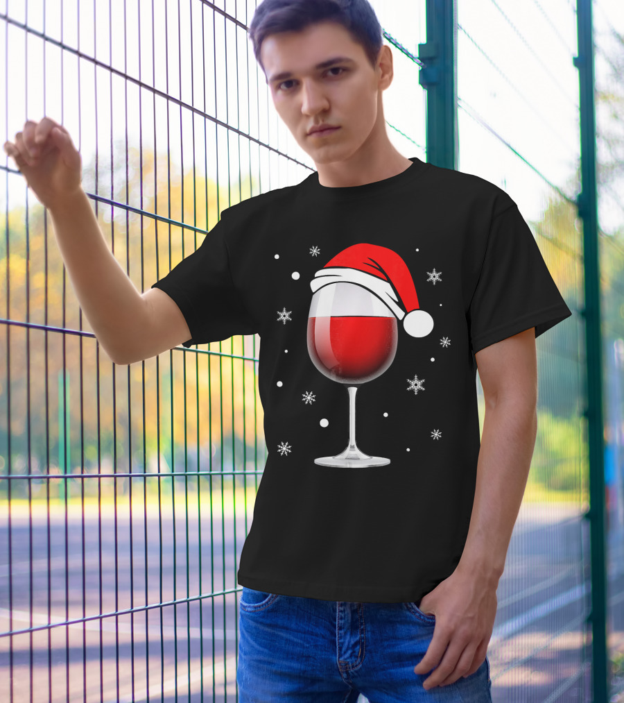 Santa Hat Wine Glass Funny Christmas Holid Snowflakes T-Shirt