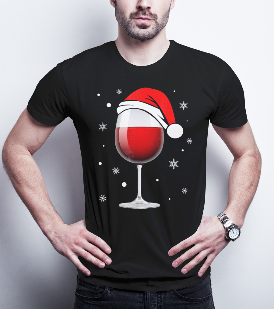 Santa Hat Wine Glass Funny Christmas Holid Snowflakes T-Shirt