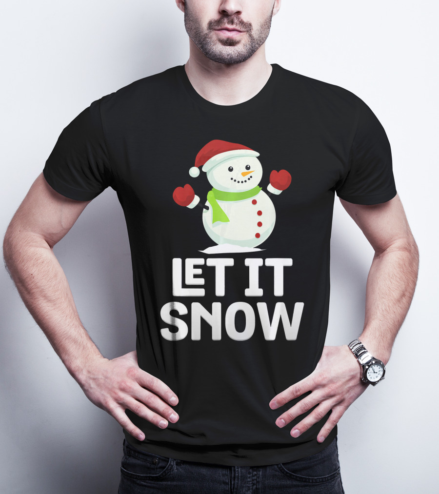 Let It Snow Snowman With Santa Hat And Snowflakes T-Shirt