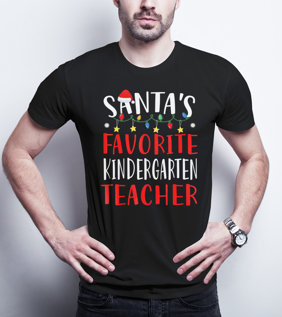 Santa's Favorite Kindergarten Teacher Christmas Lights And Hat T-Shirt