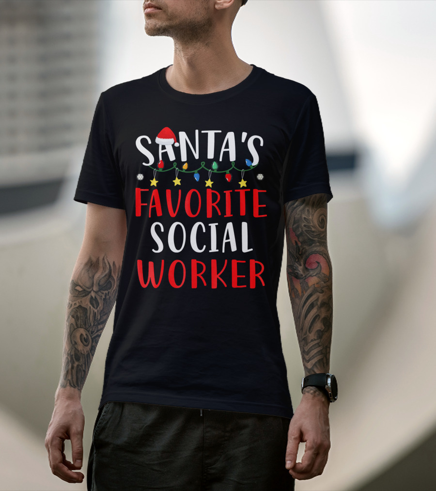 Santa's Favorite Social Worker Christmas Lights Festive Snowflakes Stars T-Shirt