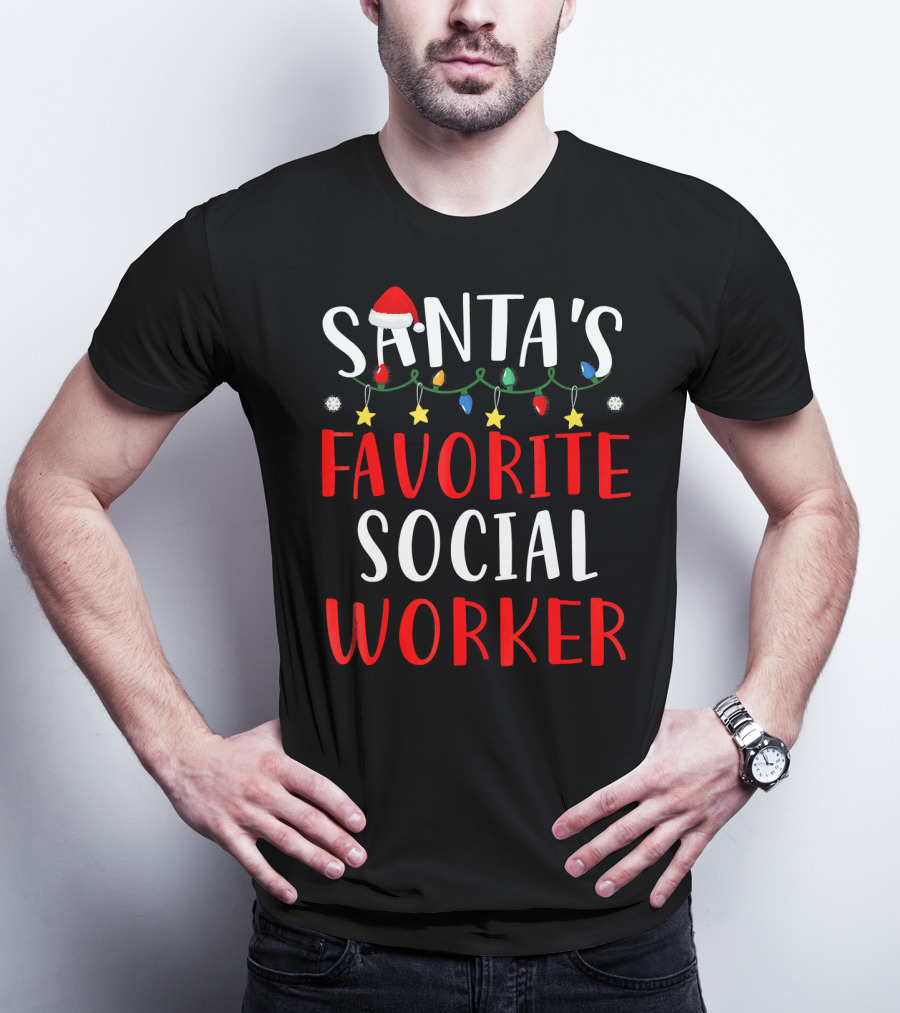 Santa's Favorite Social Worker Christmas Lights Festive Snowflakes Stars T-Shirt