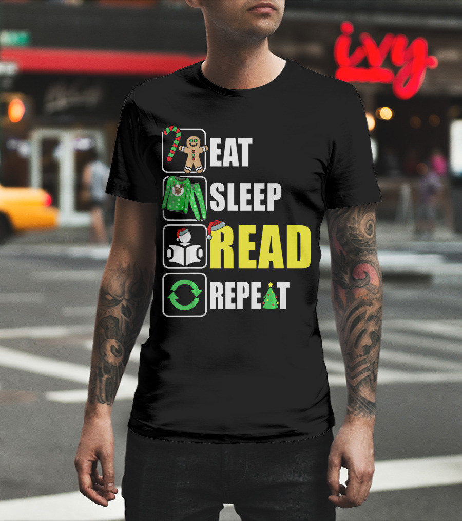 Eat Sleep Read Repeat Christmas Gingerbread Candy Cane Sweater Book Tree T-Shirt