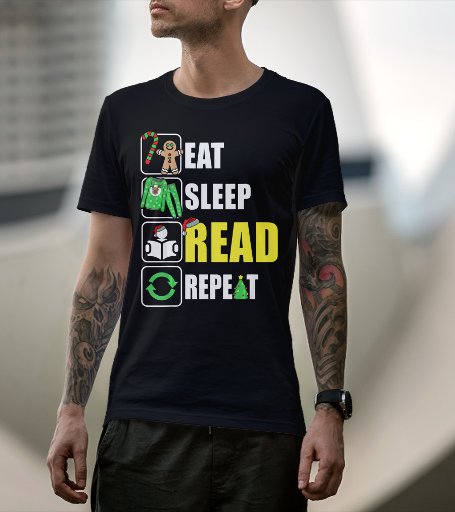 Eat Sleep Read Repeat Christmas Gingerbread Candy Cane Sweater Book Tree T-Shirt