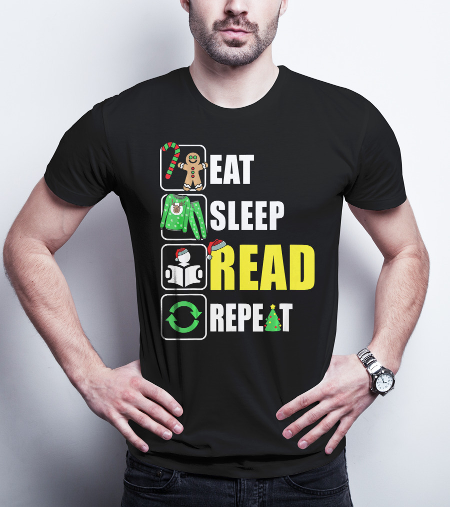 Eat Sleep Read Repeat Christmas Gingerbread Candy Cane Sweater Book Tree T-Shirt