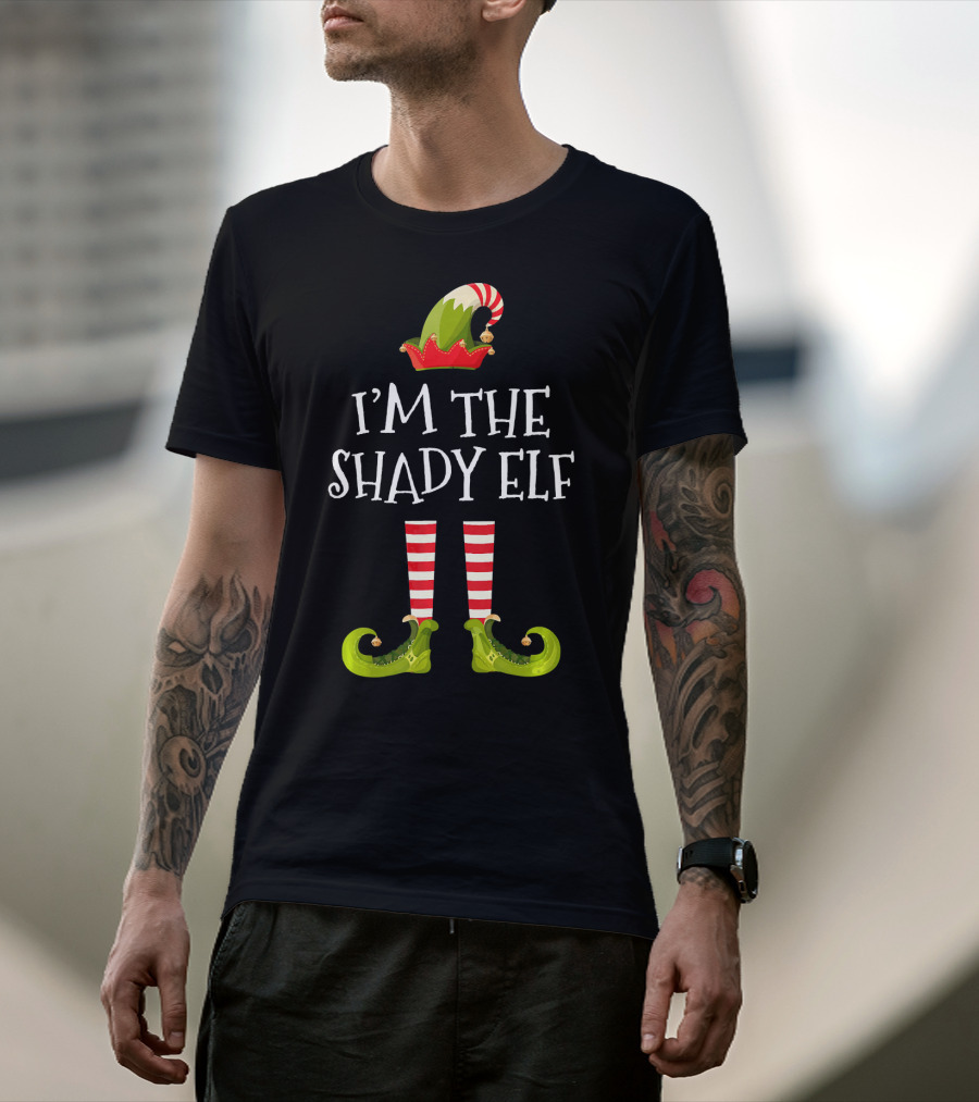 I'm The Shady Elf Christmas Costume Striped Socks Festive Hat Green Shoes T-Shirt