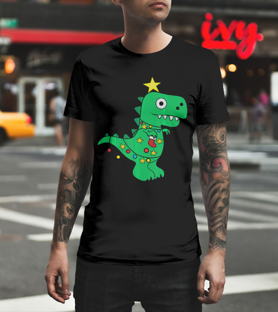 Christmas Dinosaur Rex With Star And Lights T-Shirt