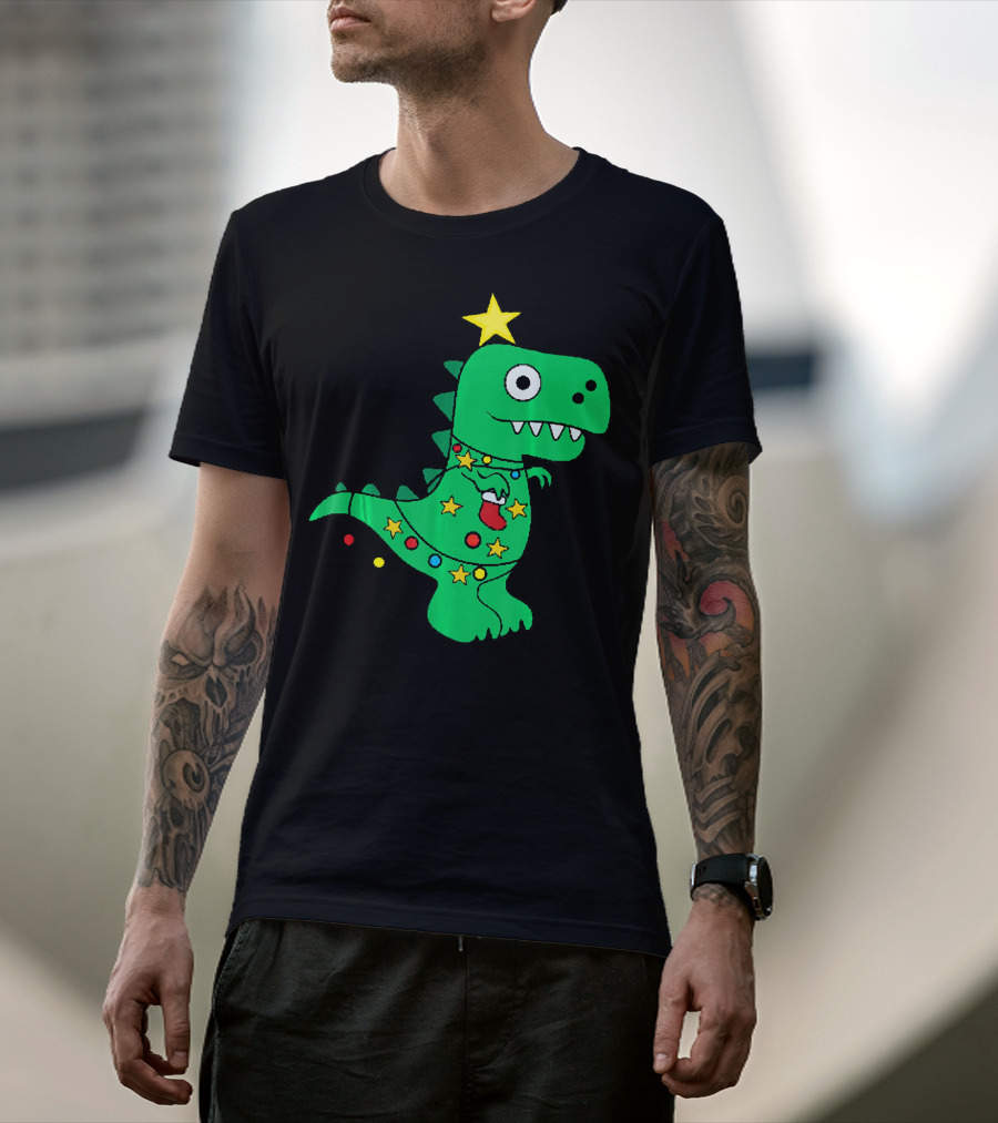 Christmas Dinosaur Rex With Star And Lights T-Shirt