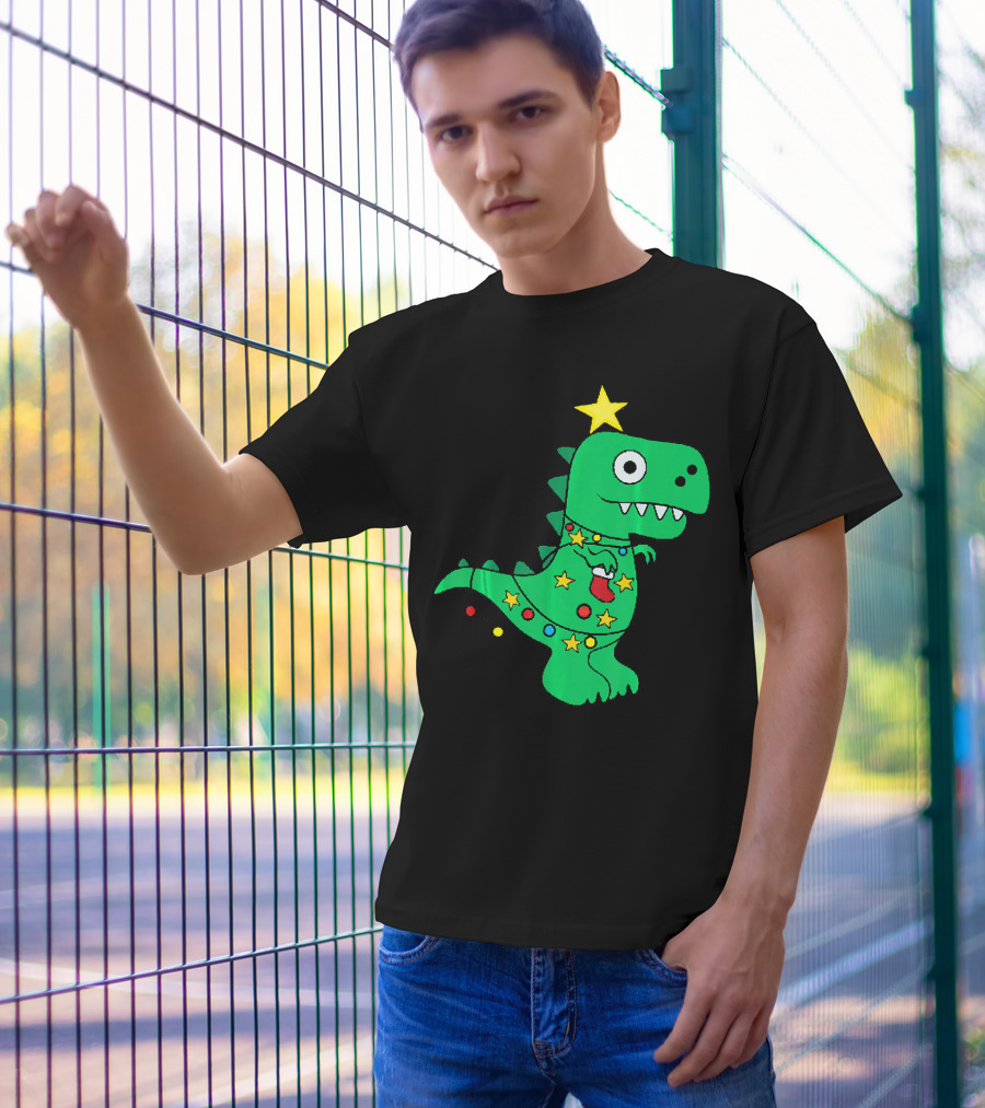 Christmas Dinosaur Rex With Star And Lights T-Shirt