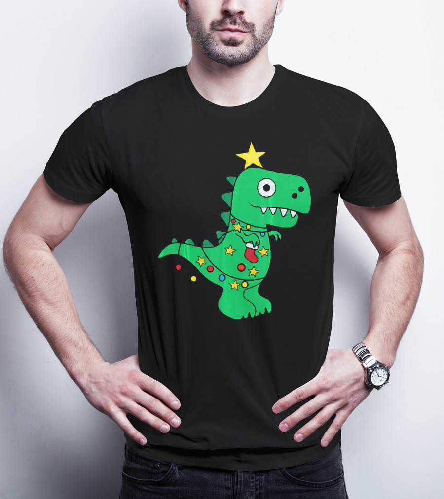 Christmas Dinosaur Rex With Star And Lights T-Shirt