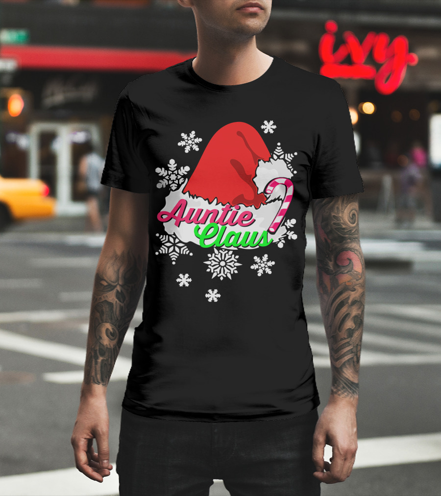 Auntie Claus Christmas Candy Cane Snowflakes Santa Hat T-Shirt