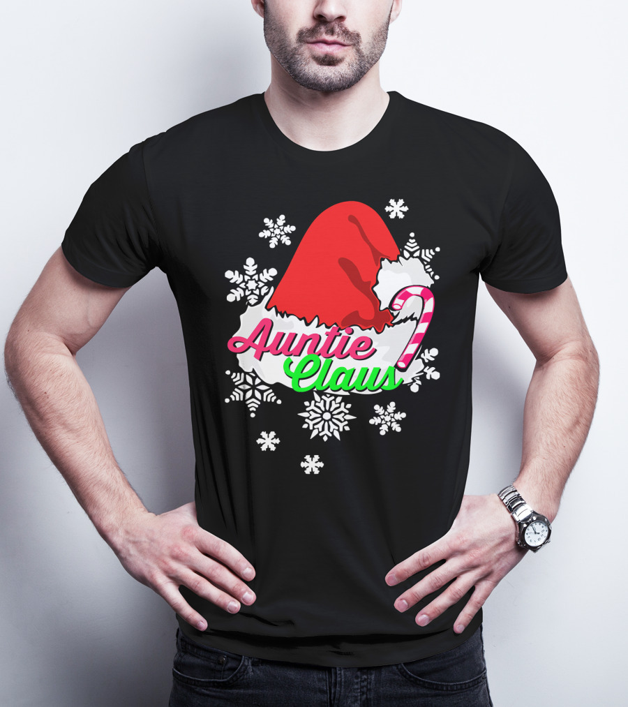 Auntie Claus Christmas Candy Cane Snowflakes Santa Hat T-Shirt