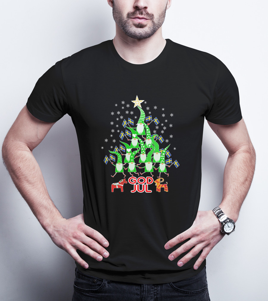 God Jul Christmas Tree Swedish Flags Tomte Nisse Dala Horse T-Shirt
