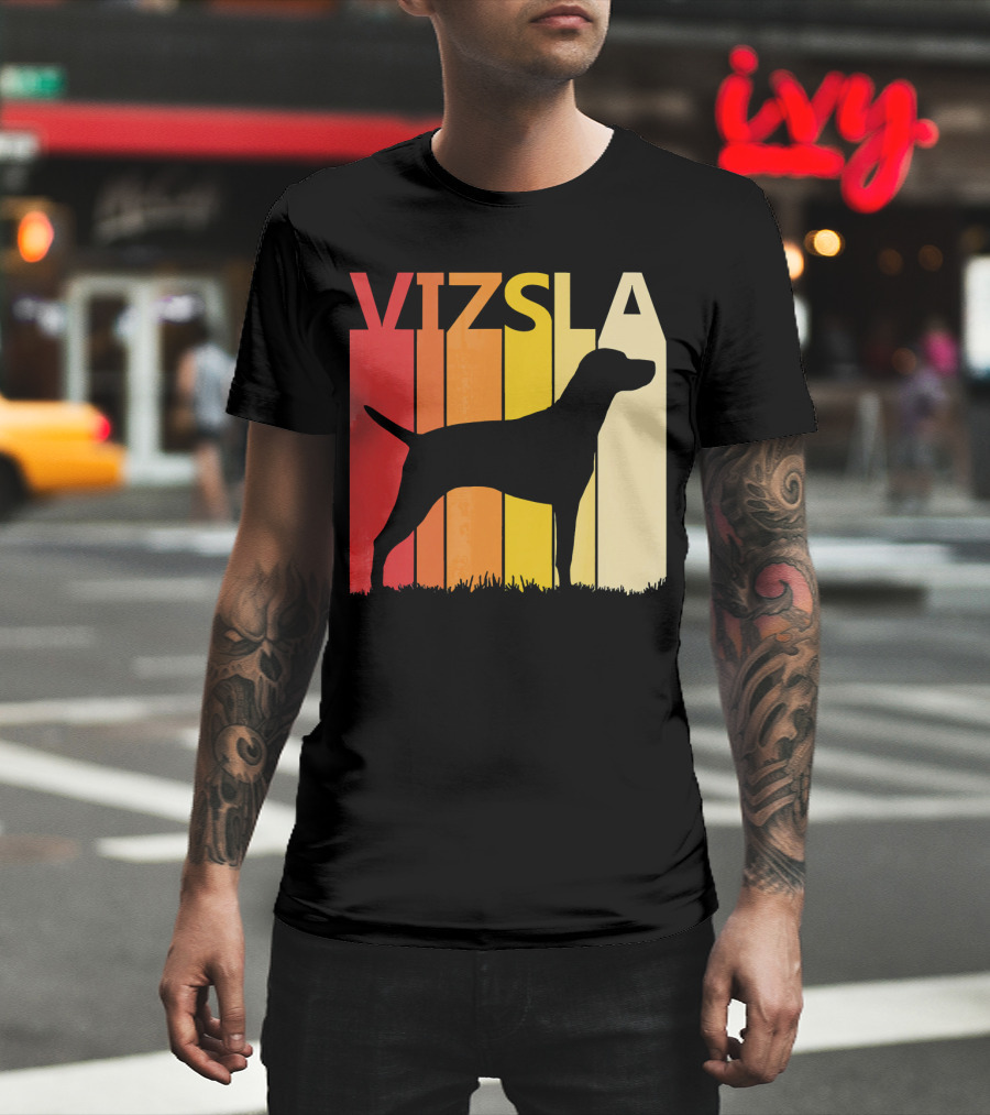 Retro Vizsla Dog Silhouette With Gradient Stripes T-Shirt