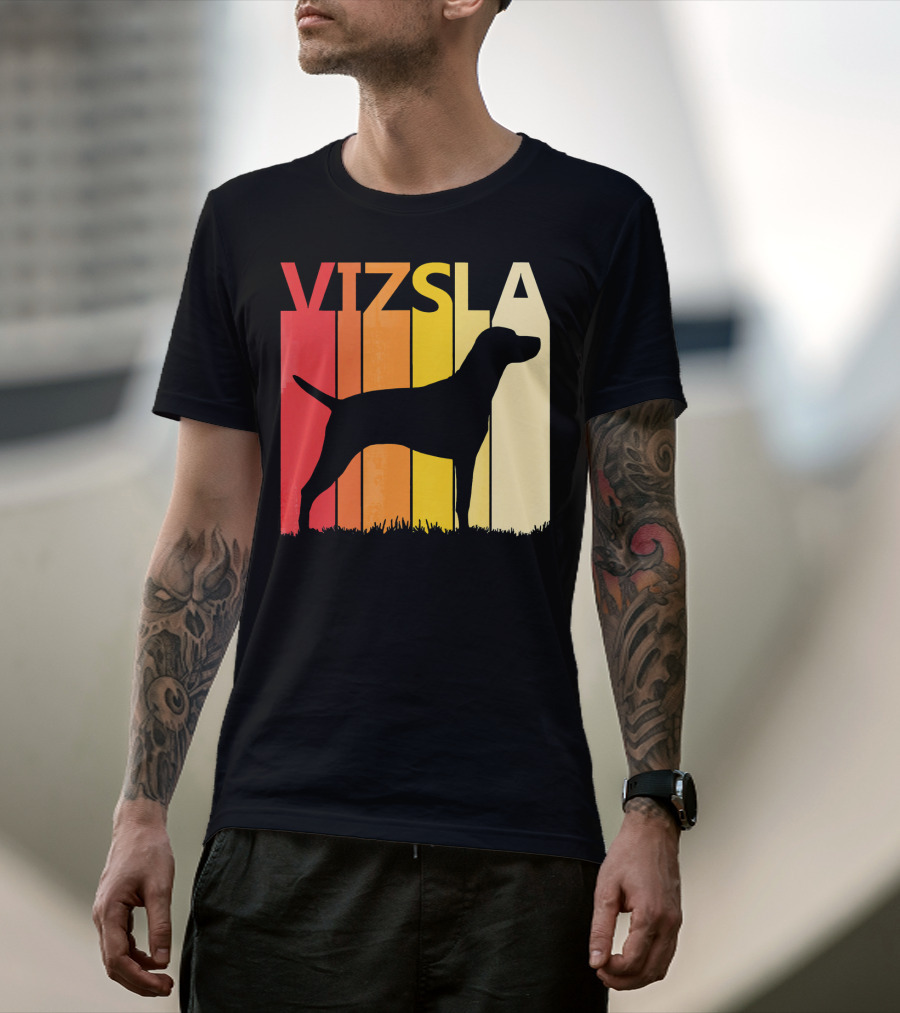 Retro Vizsla Dog Silhouette With Gradient Stripes T-Shirt