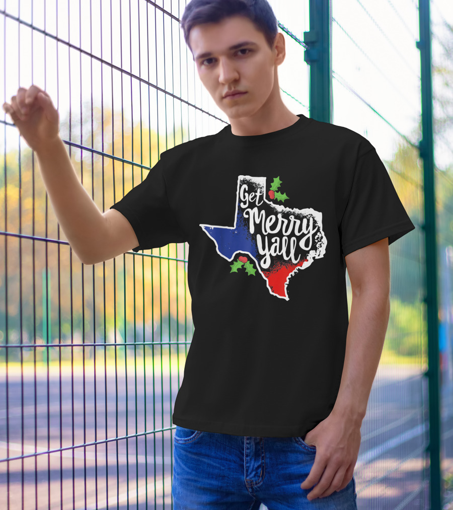 Get Merry Yall Texas State Outline Holly Berries Red White Blue T-Shirt