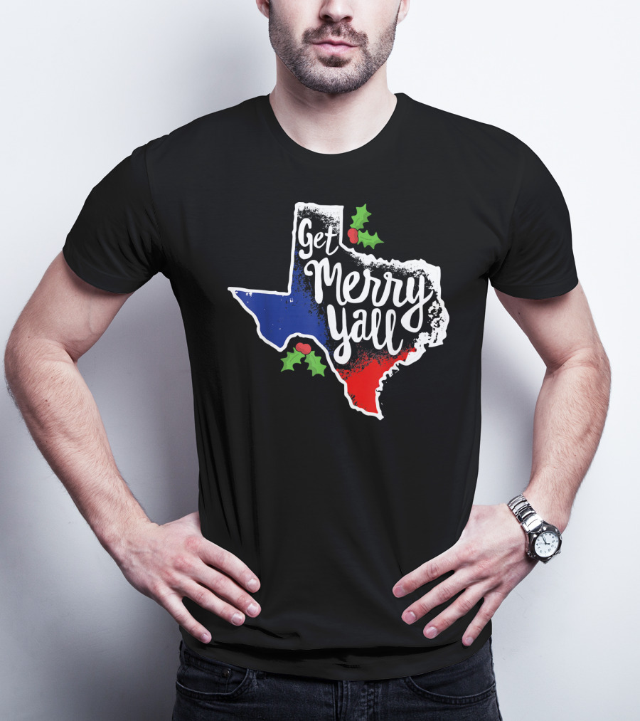 Get Merry Yall Texas State Outline Holly Berries Red White Blue T-Shirt