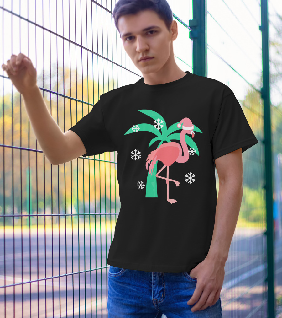 Pink Flamingo With Santa Hat And Palm Tree Snowflakes Christmas T-Shirt