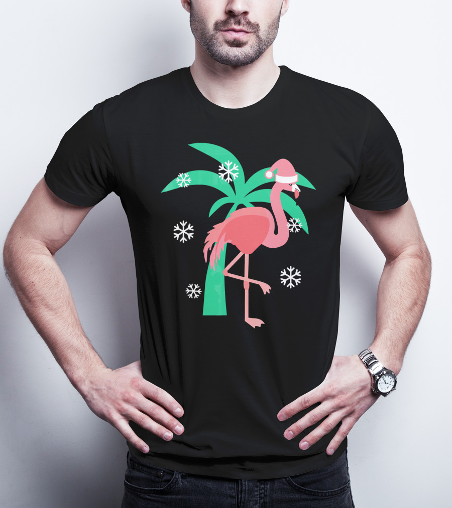 Pink Flamingo With Santa Hat And Palm Tree Snowflakes Christmas T-Shirt