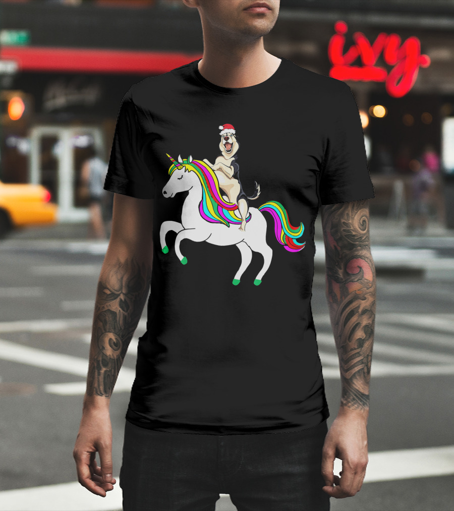 Pug Christmas Dog Riding Rainbow Unicorn T-Shirt