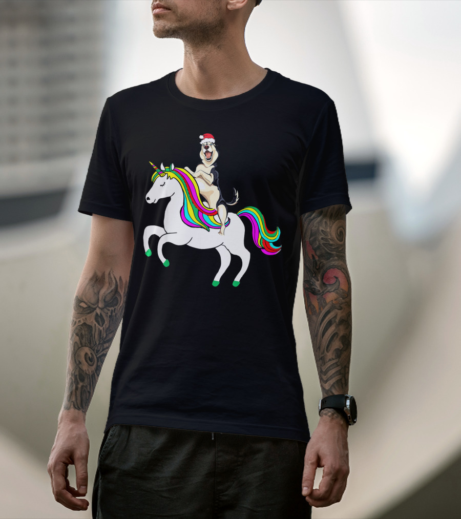 Pug Christmas Dog Riding Rainbow Unicorn T-Shirt