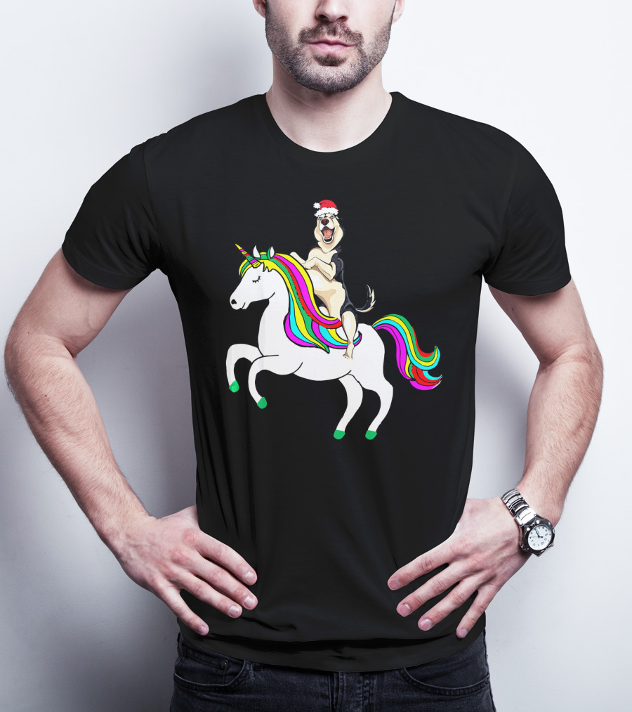 Pug Christmas Dog Riding Rainbow Unicorn T-Shirt