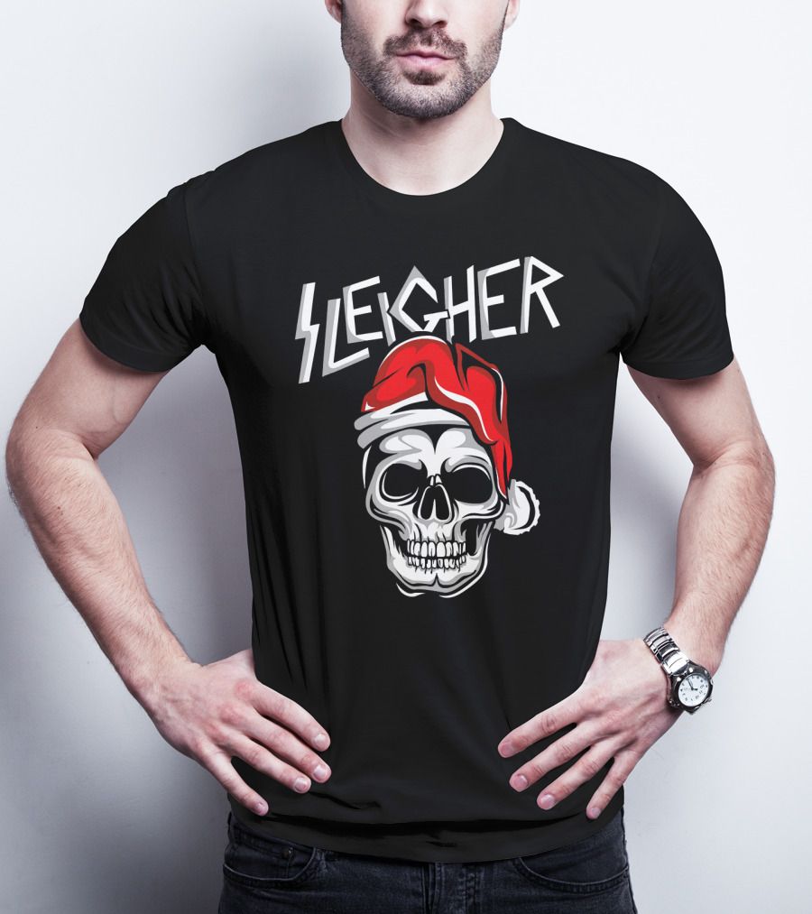 Sleigher Heavy Metal Music Skull With Santa Hat T-Shirt