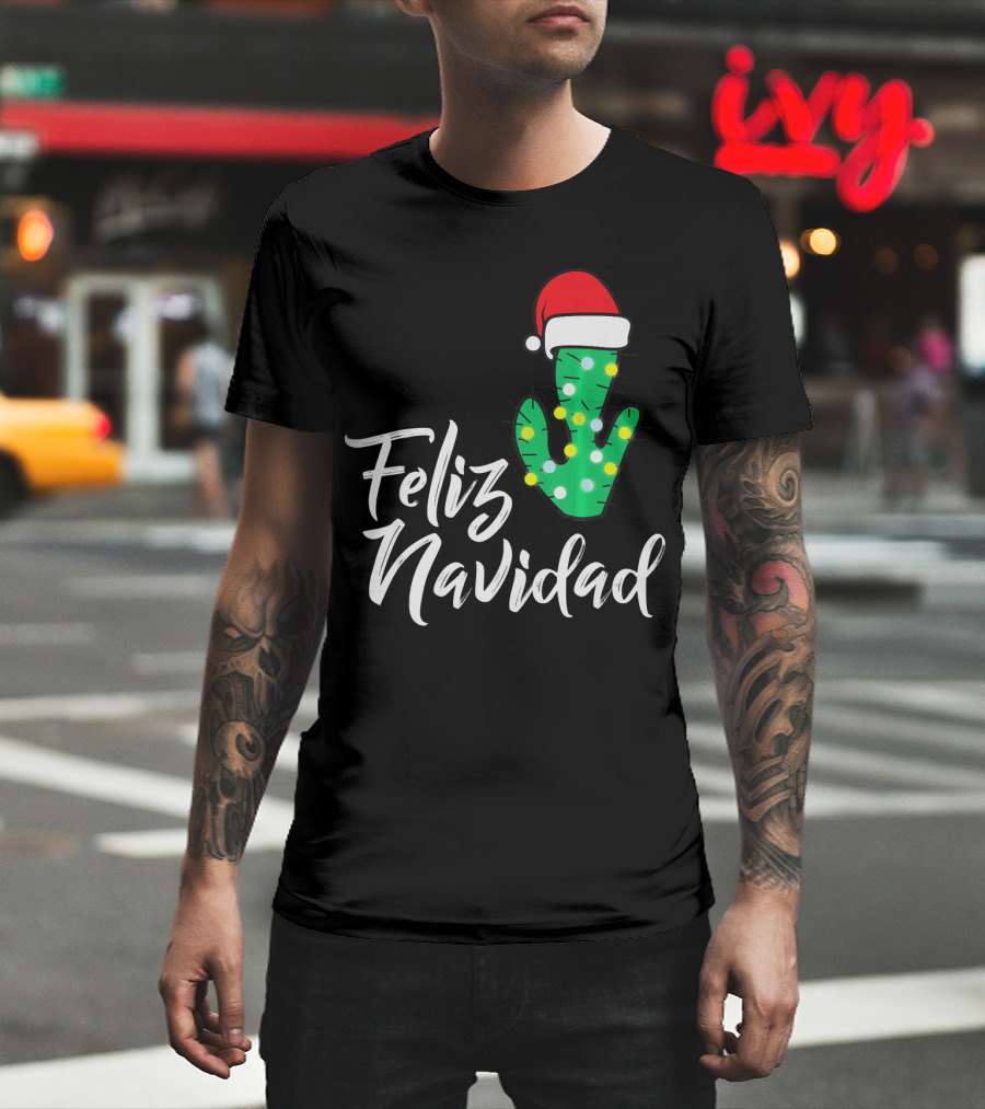 Feliz Navidad Cactus With Santa Hat And Christmas Lights T-Shirt