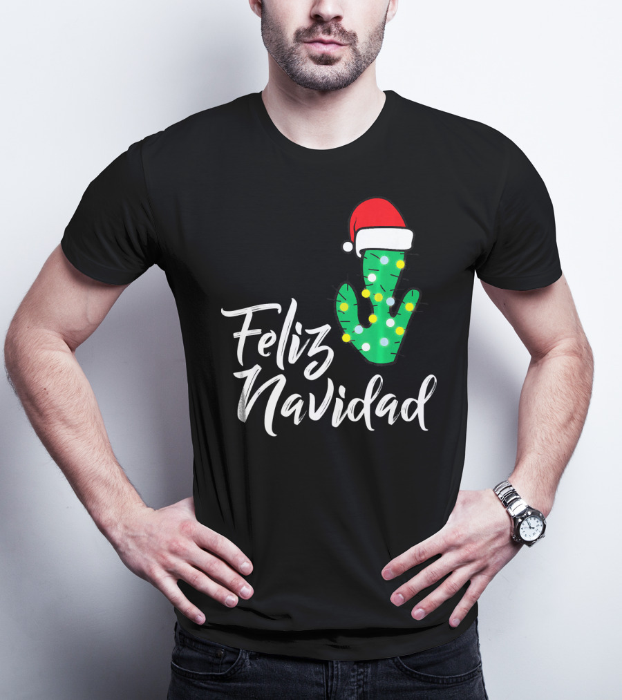 Feliz Navidad Cactus With Santa Hat And Christmas Lights T-Shirt