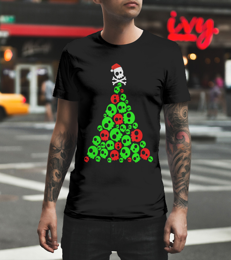 Christmas Santa Skull Tree Holiday T-Shirt
